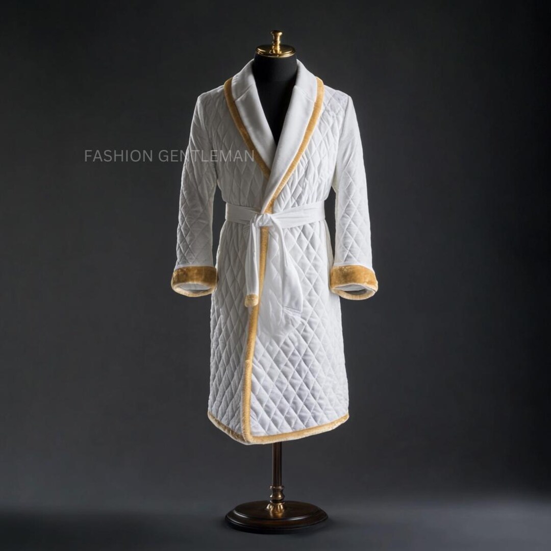 Men's Velvet Smoking Jacket, White Beige Quilted Robe, Handmade - Etsy