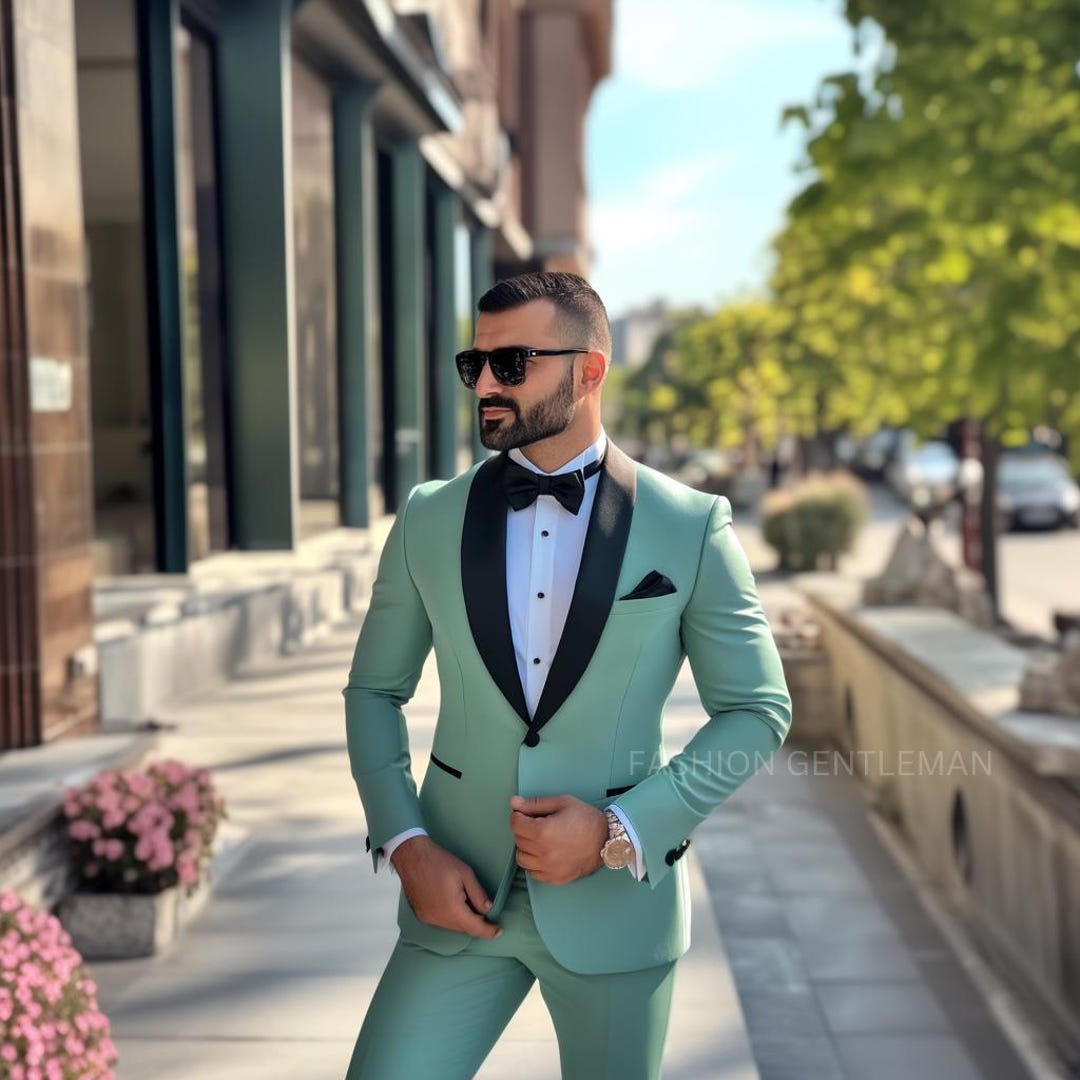 New Light Green Tuxedo With Black Lapels Two Piece Slim Fit Suit for ...