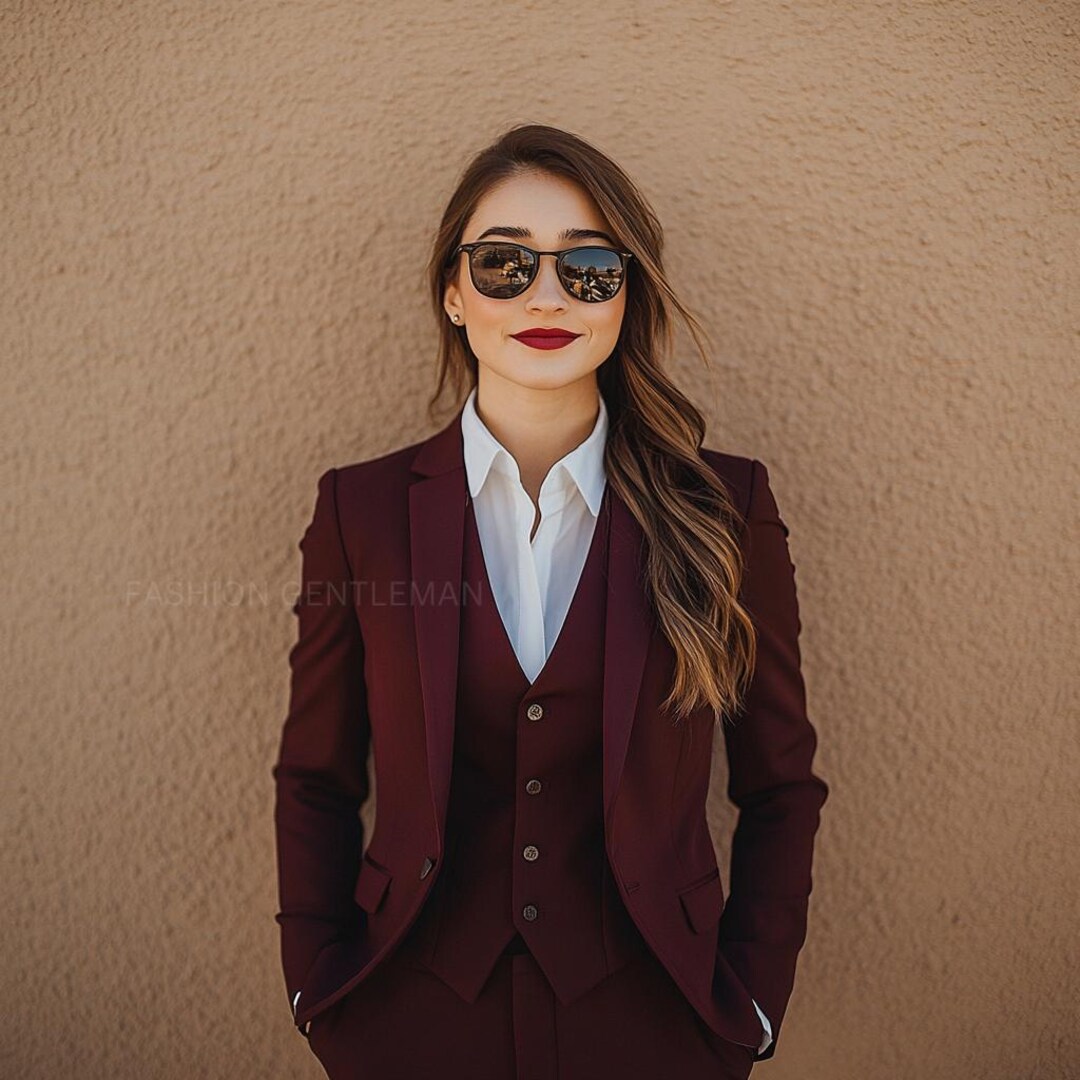 Burgundy Slim Fit Suit for Women: 3-piece Tailored Suit - Etsy