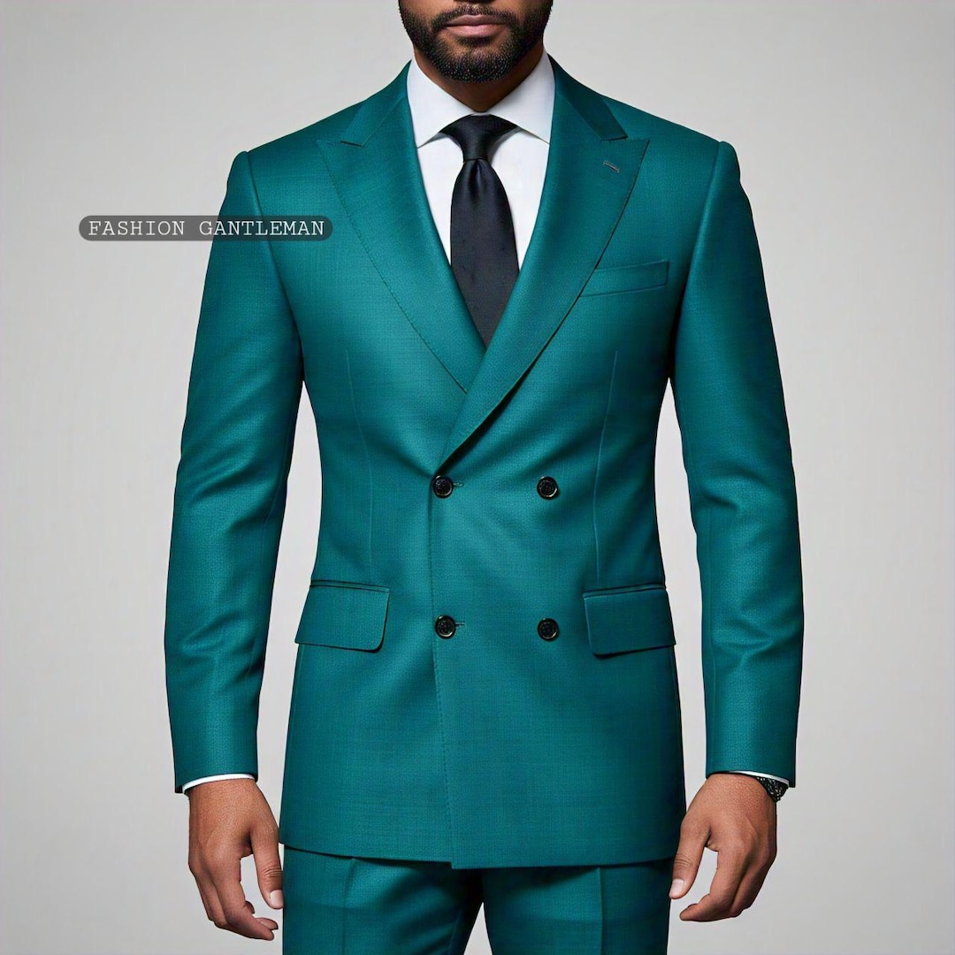 Suits for Men Dark Teal Double Breasted Four Button Unique Style for ...