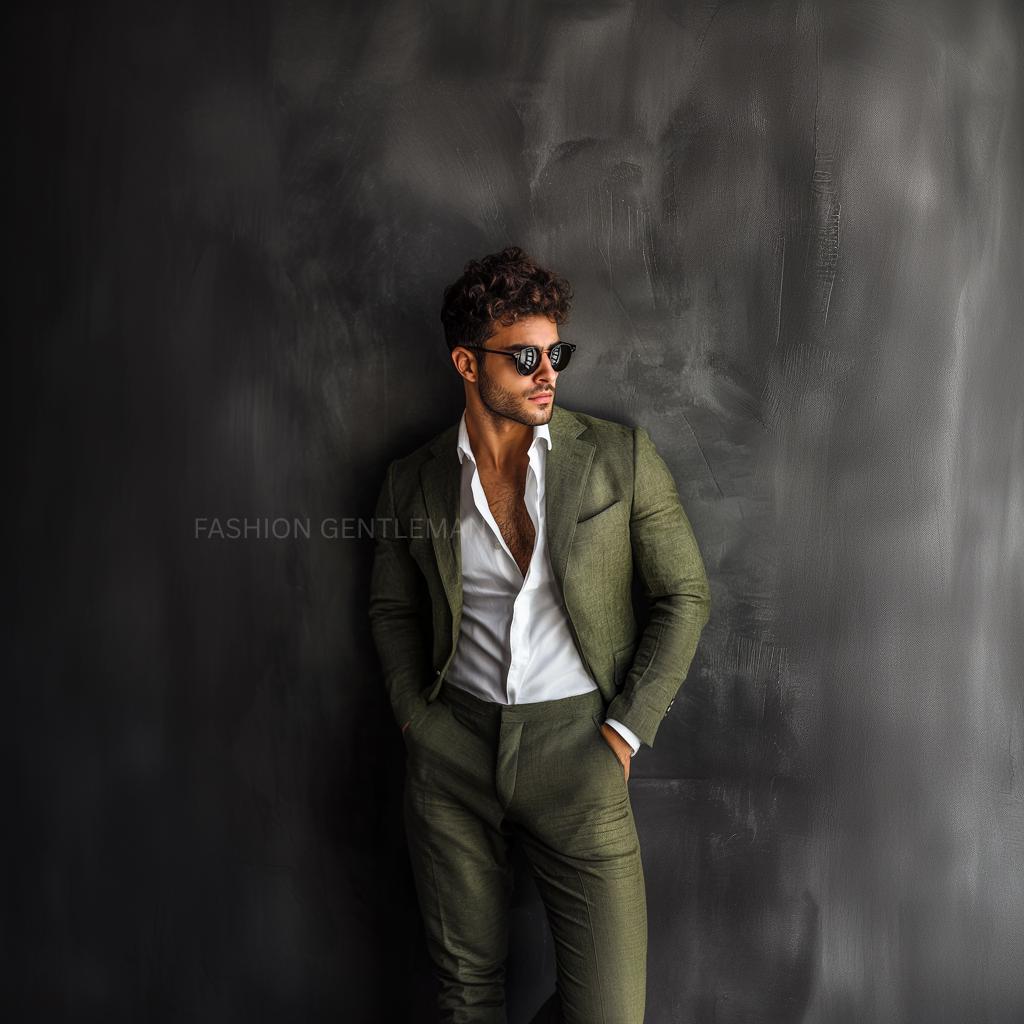 Premium Pure Linen Summer OLIVE GREEN Colour Two Piece Relax Fit Suit ...