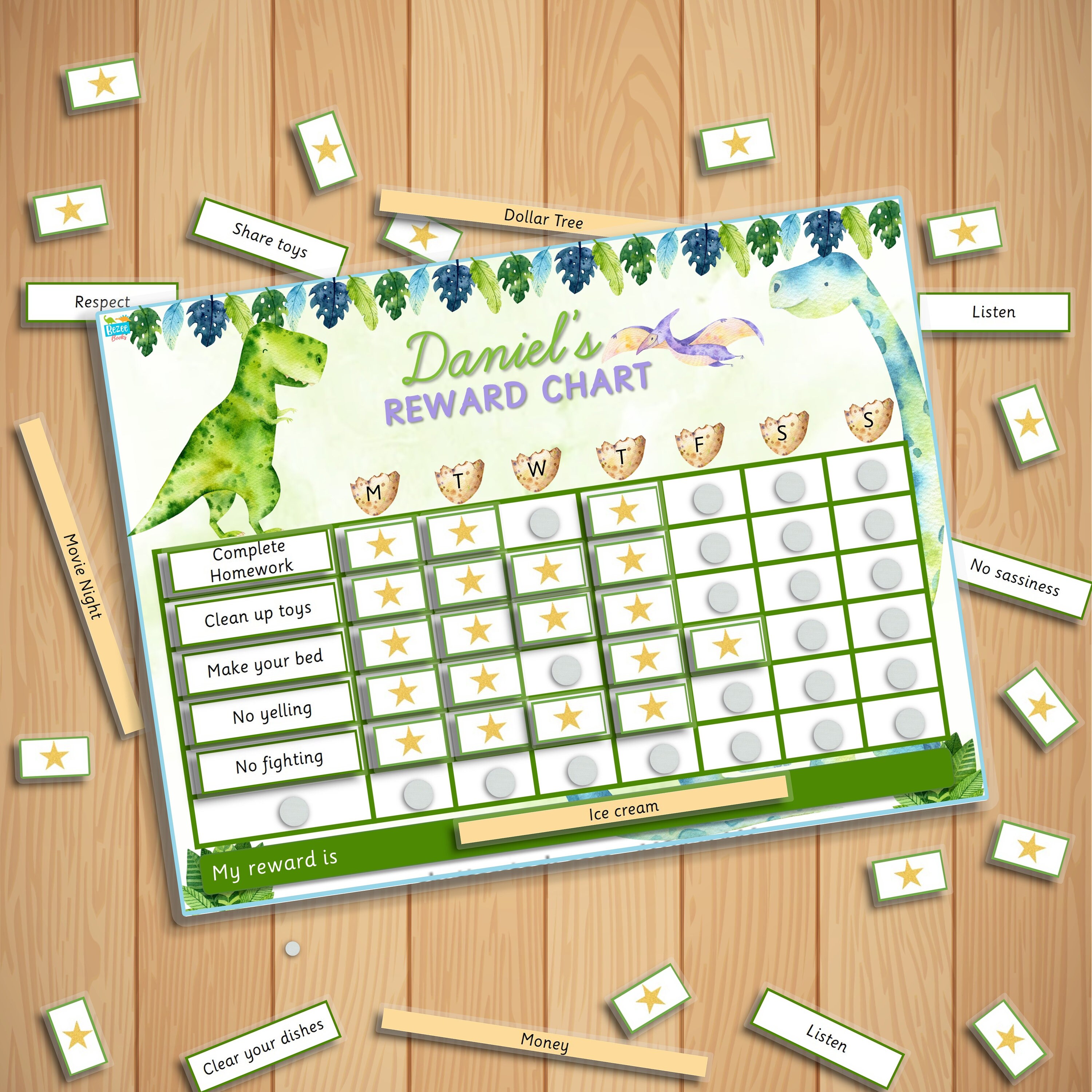 Dino Reward Chart Editable PDF Printable Behavior Chart Green - Etsy