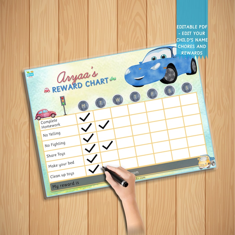 Cars Reward Chart Editable PDF Printable Behavior Chart Blue Red Floral ...