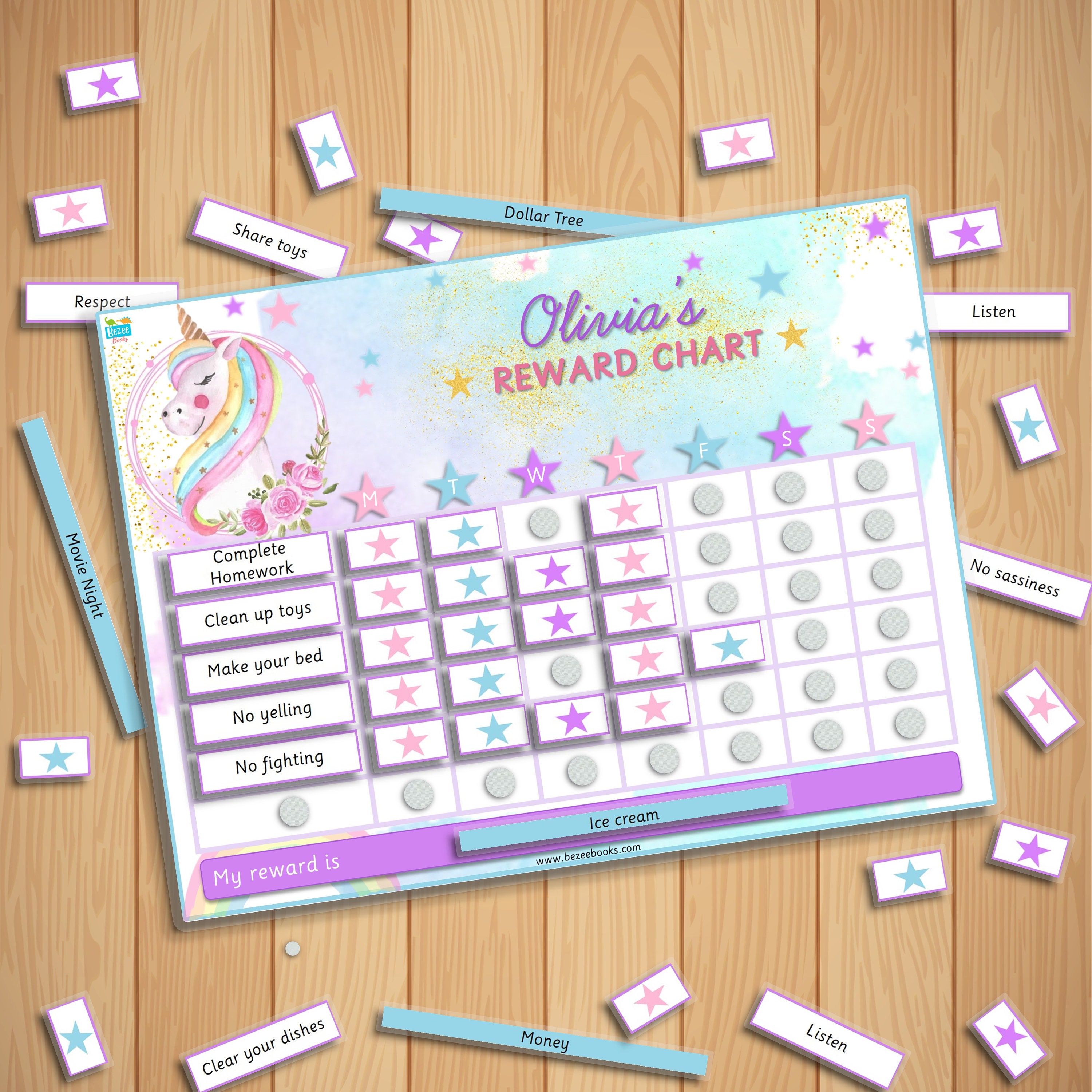 Unicorn Reward Chart Editable PDF Printable Behavior Chart Pink Gold ...