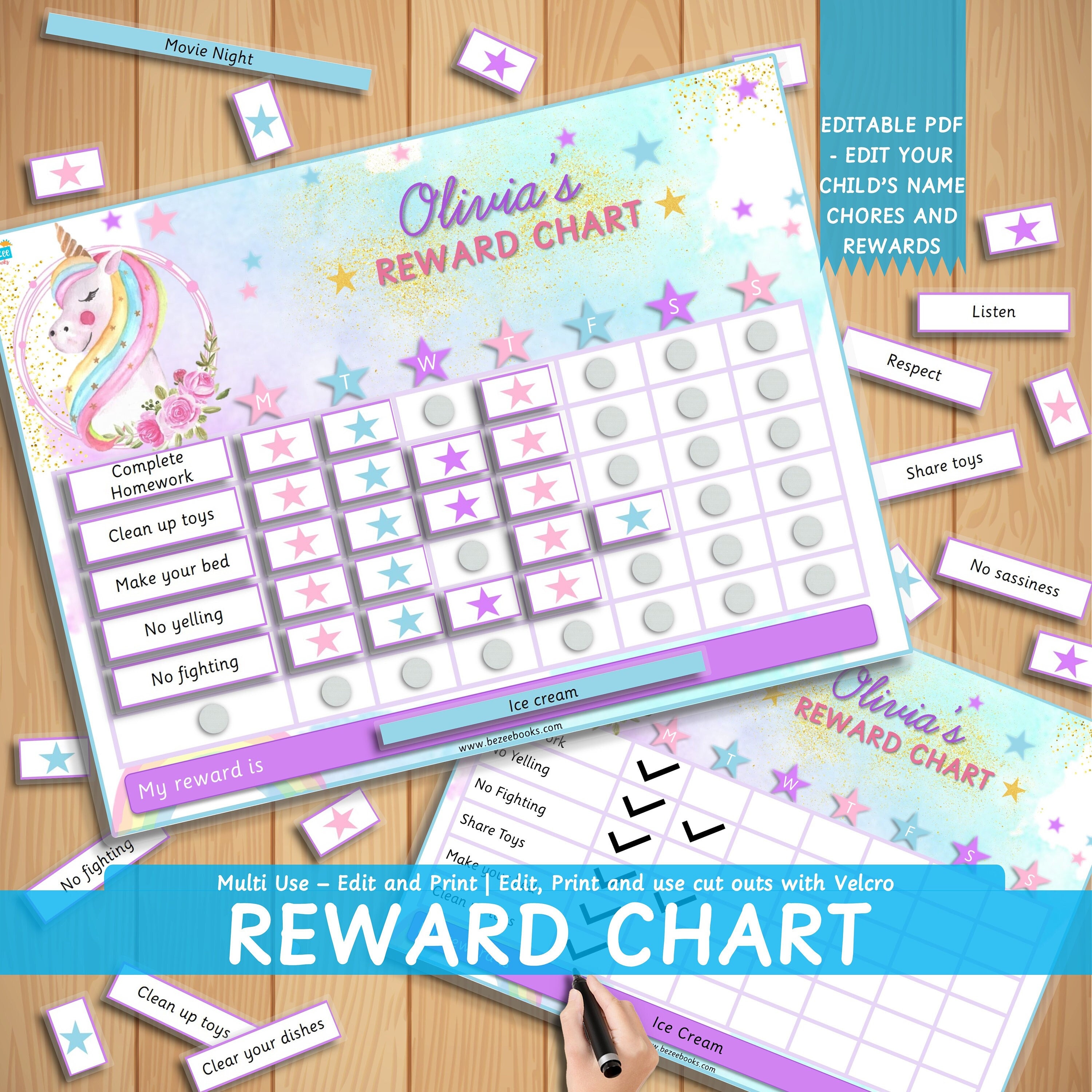Unicorn Reward Chart Editable PDF Printable Behavior Chart Pink Gold ...