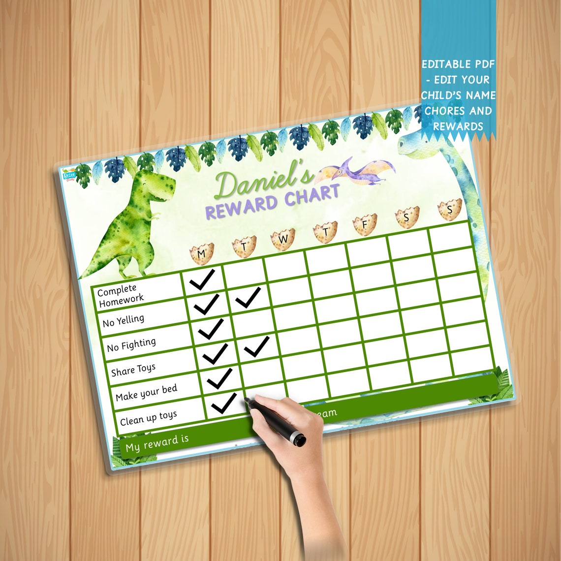 Dino Reward Chart Editable PDF Printable Behavior Chart Green - Etsy