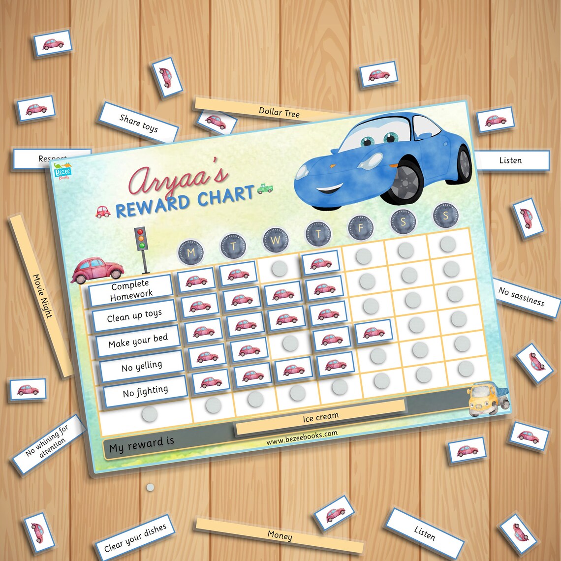 Cars Reward Chart Editable PDF Printable Behavior Chart Blue Red Floral ...