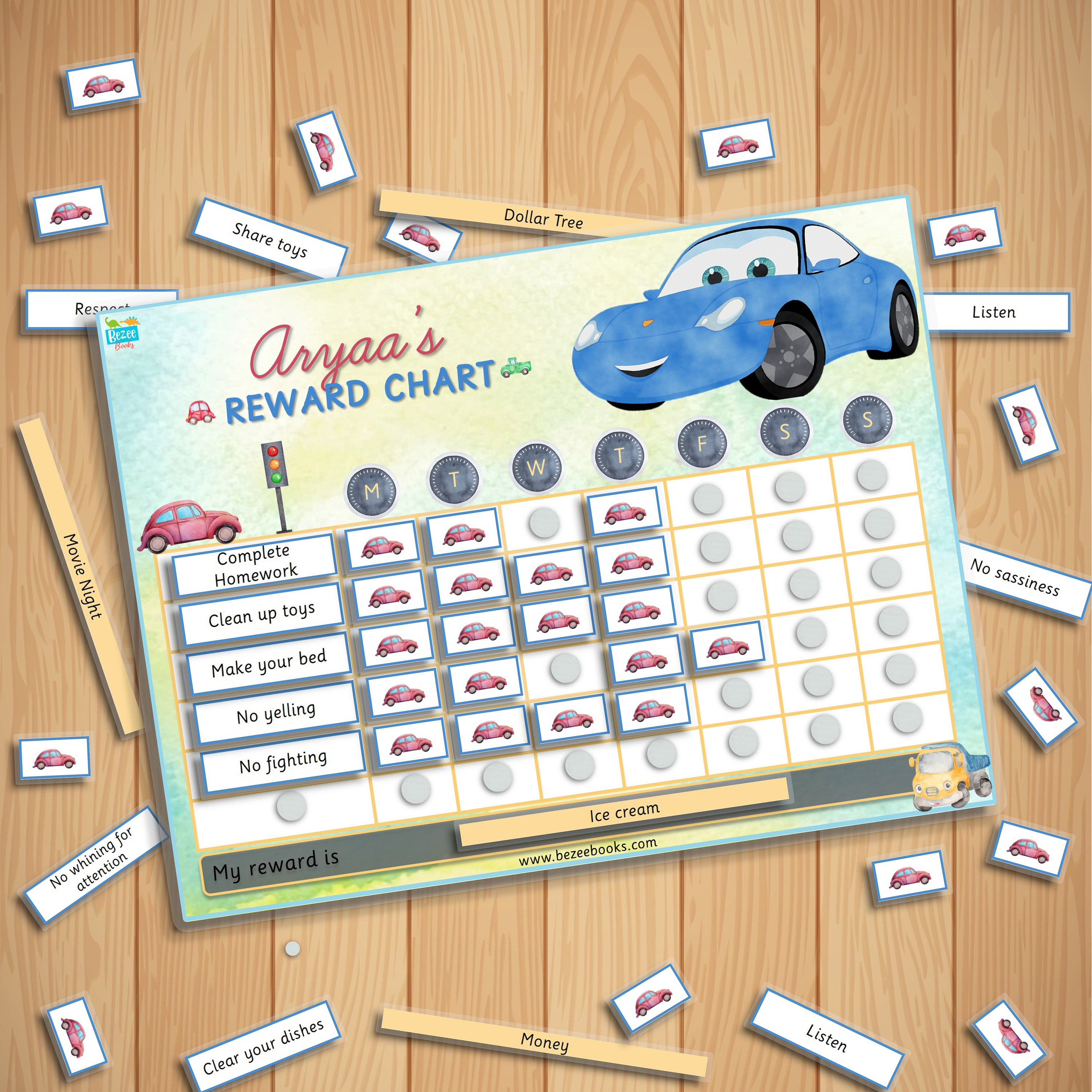 Cars Reward Chart Editable PDF Printable Behavior Chart Blue Red Floral ...
