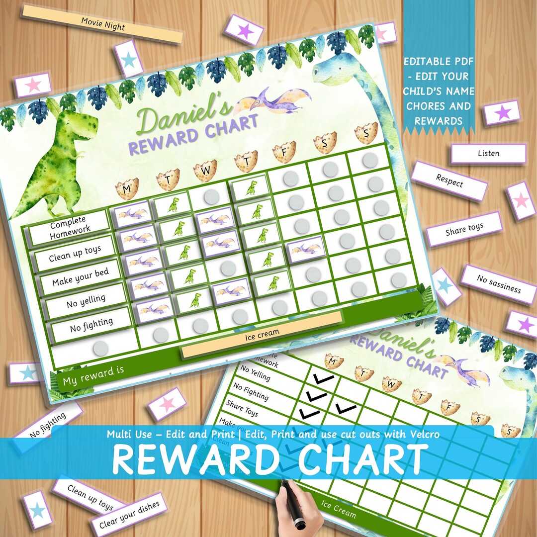 Dino Reward Chart Editable PDF Printable Behavior Chart Green Purple ...