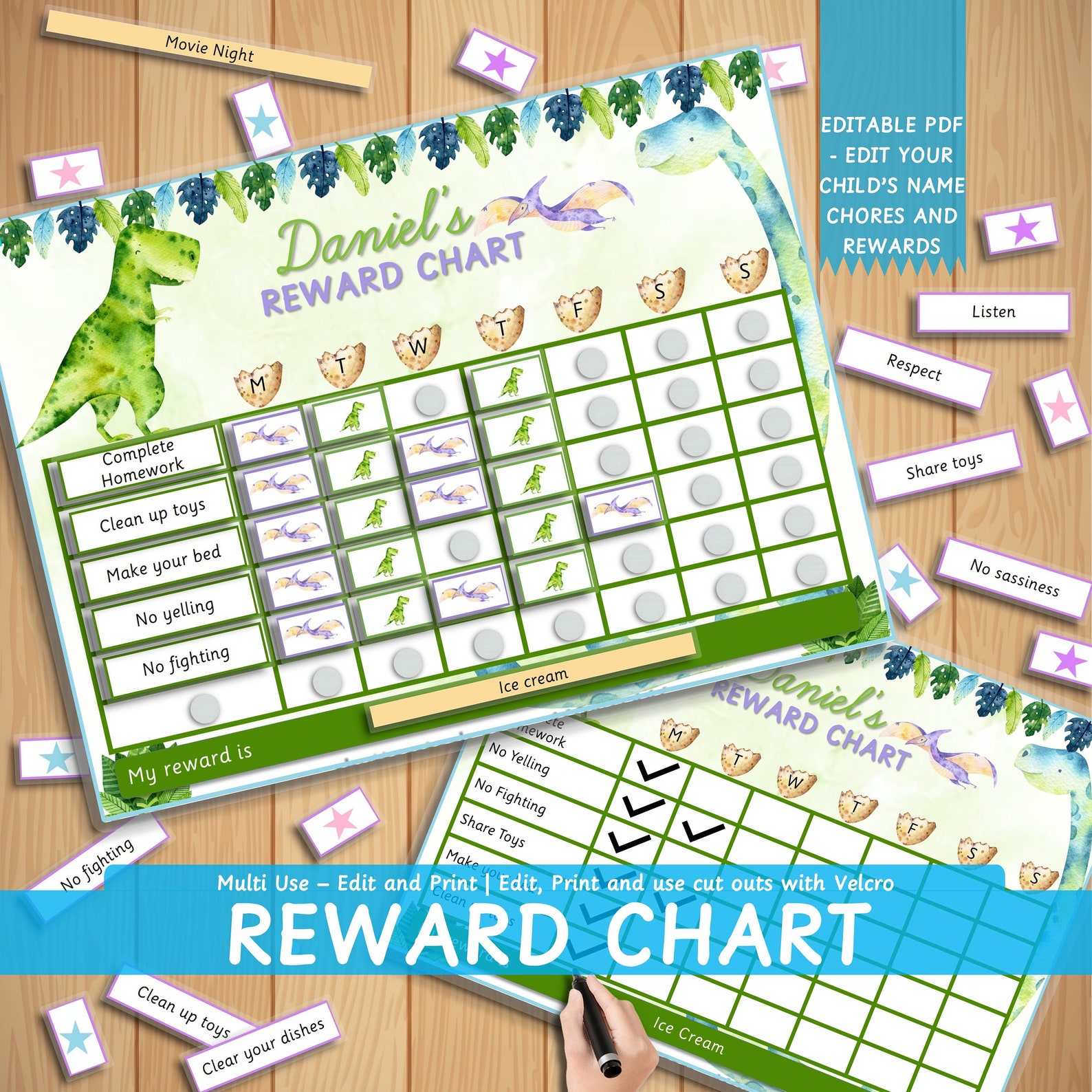 Dino Reward Chart Editable PDF Printable Behavior Chart Green - Etsy