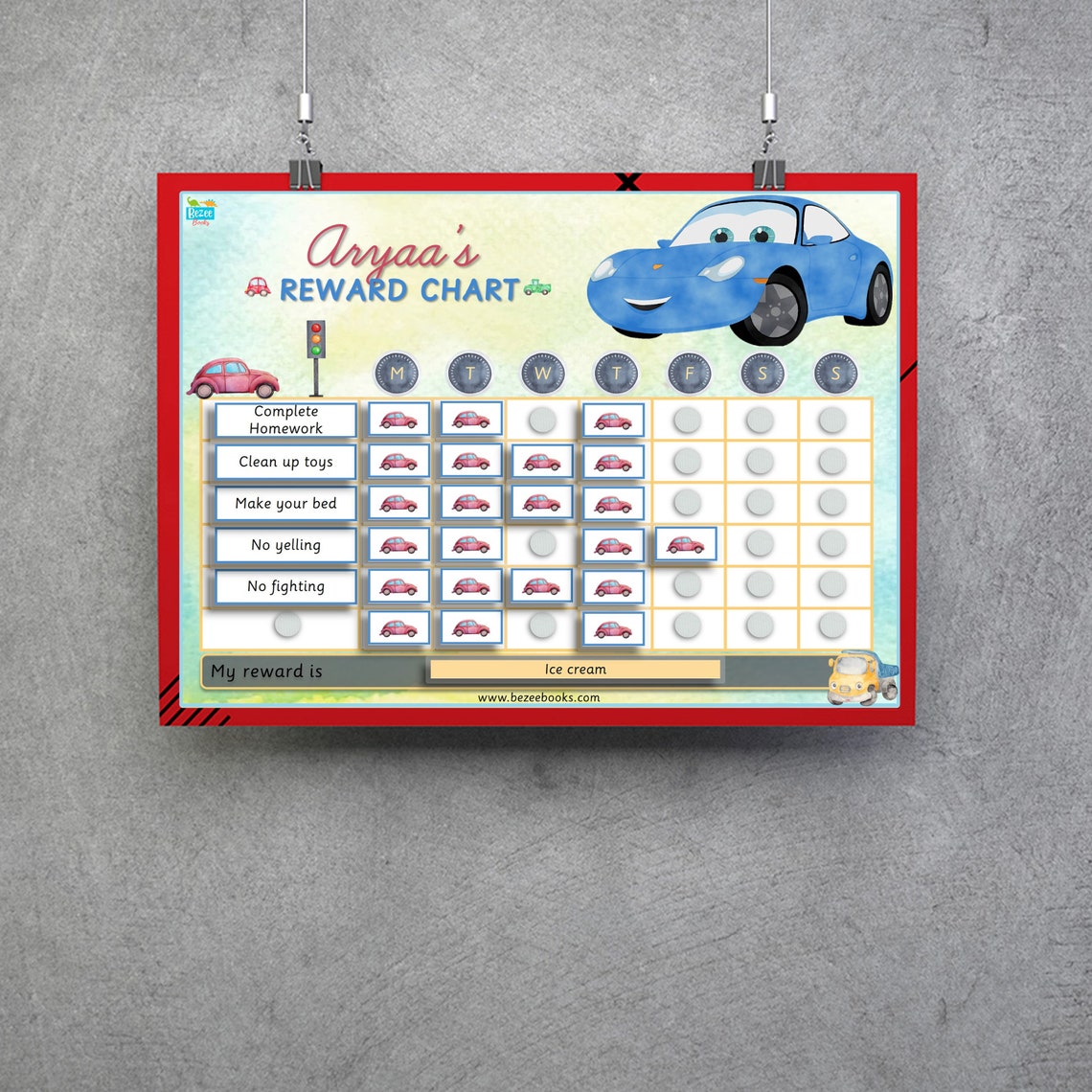 Cars Reward Chart Editable PDF Printable Behavior Chart Blue Red Floral ...