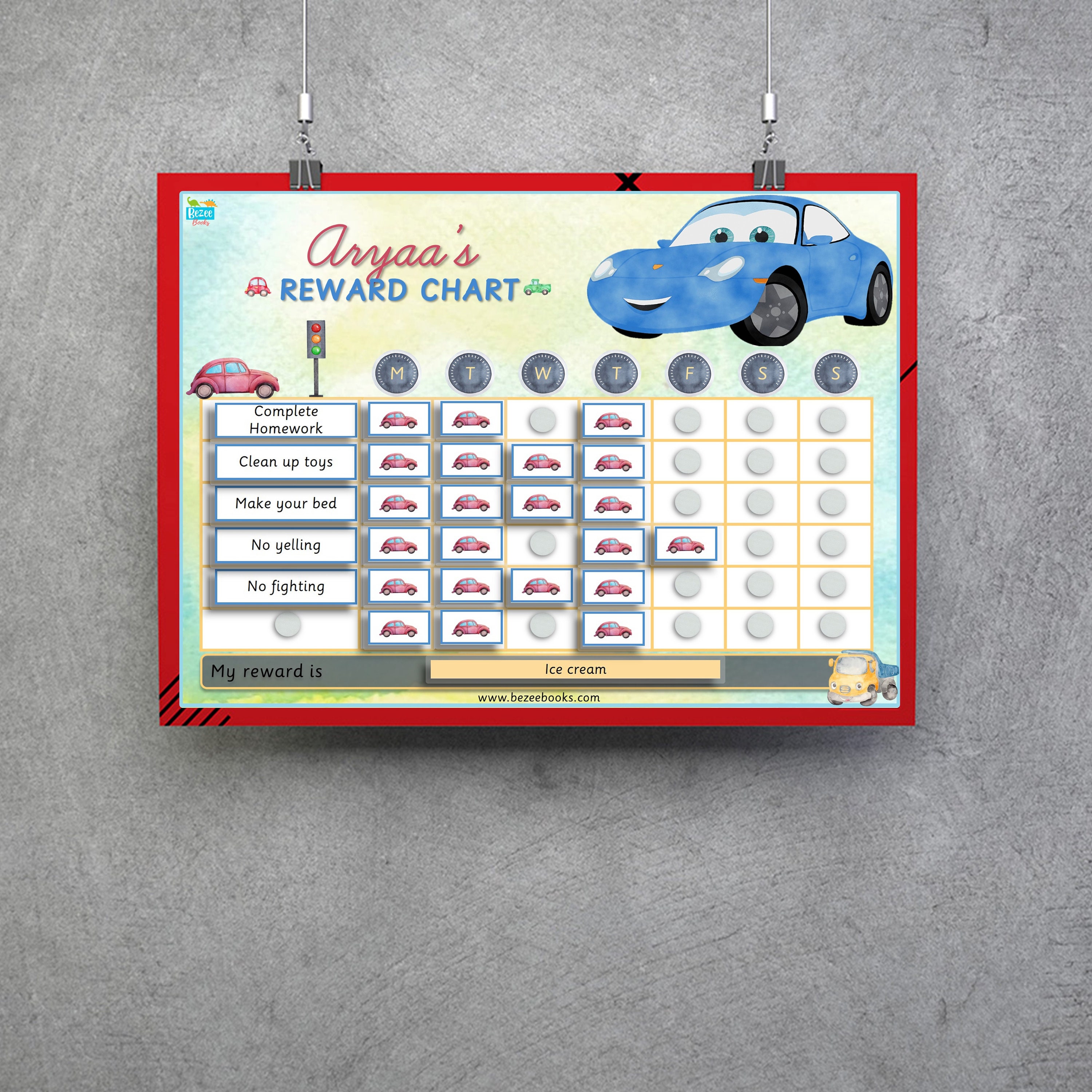 Cars Reward Chart Editable PDF Printable Behavior Chart Blue Red Floral ...