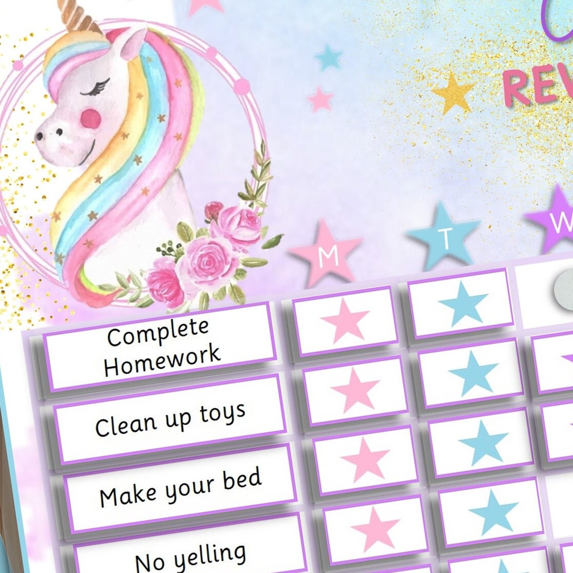 Unicorn Reward Chart Editable PDF Printable Behavior Chart Pink Gold ...