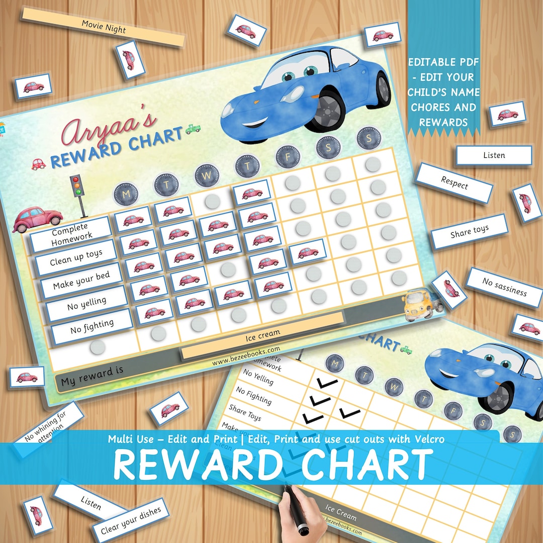 Cars Reward Chart Editable PDF Printable Behavior Chart Blue Red Floral ...