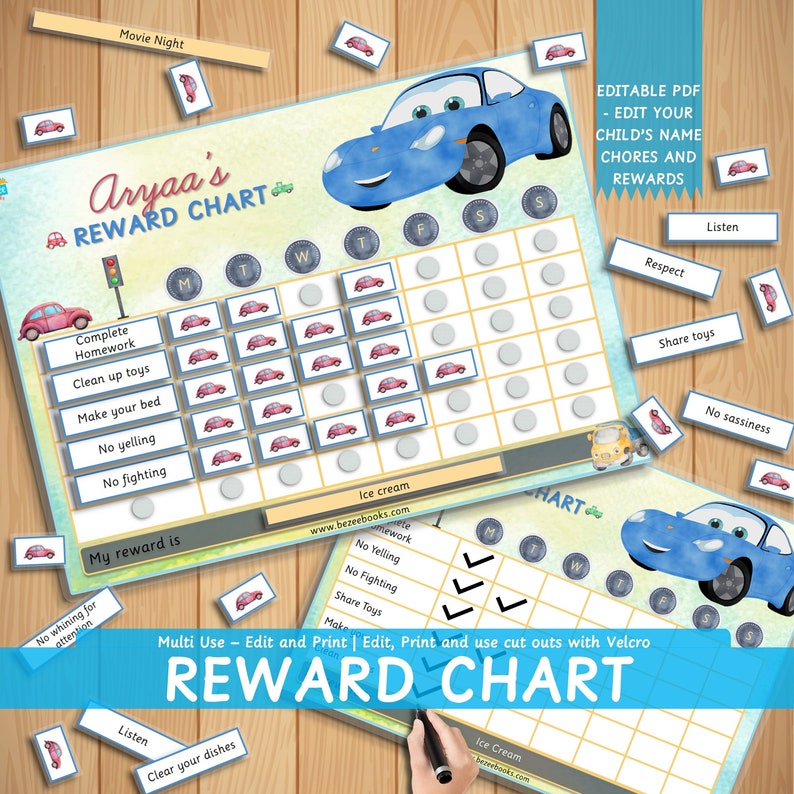 Cars Reward Chart Editable PDF Printable Behavior Chart Blue Red Floral ...