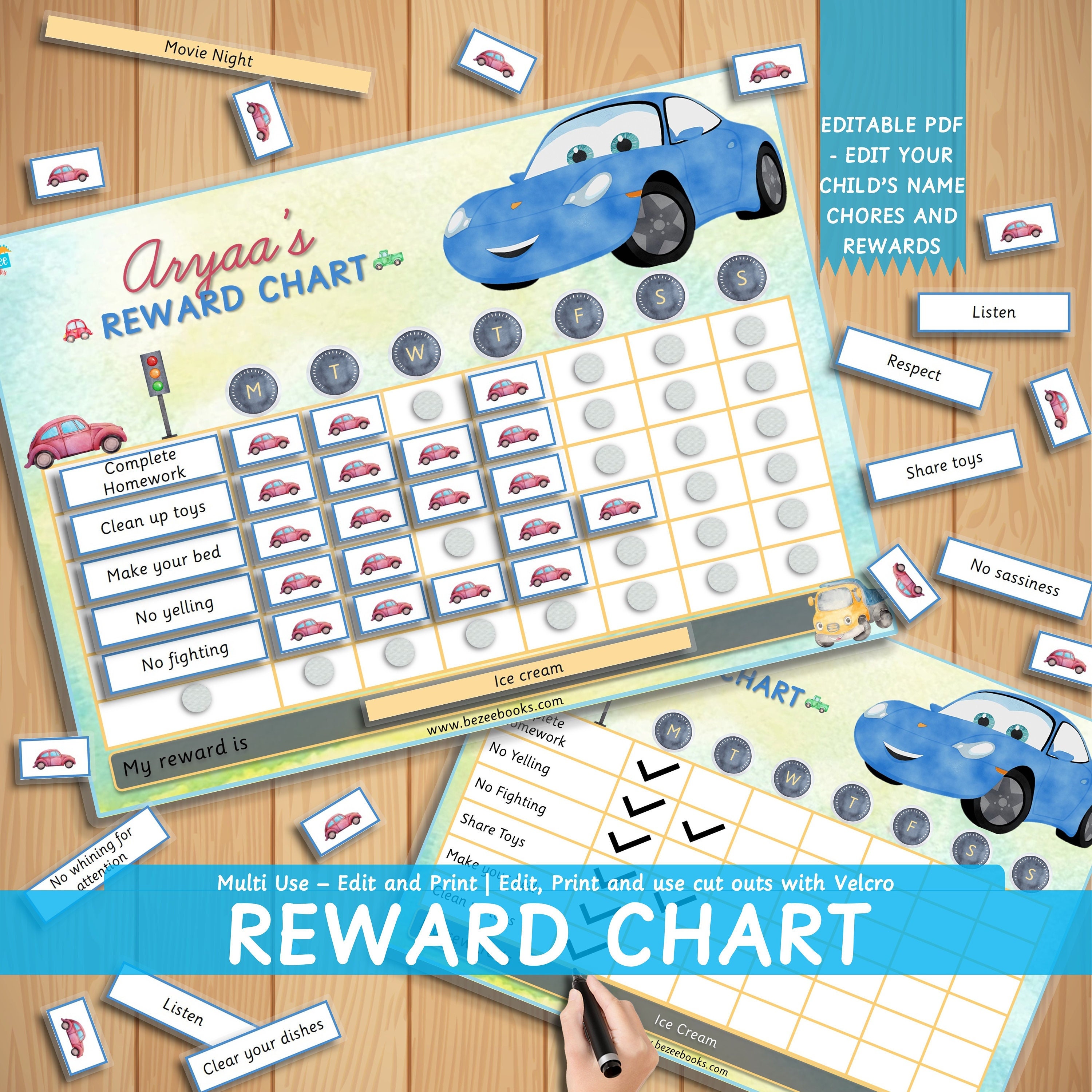 Cars Reward Chart Editable PDF Printable Behavior Chart Blue Red Floral ...
