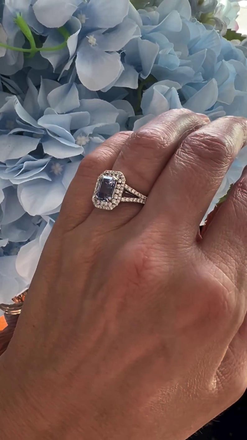 Art Deco Sapphire Ring Solid 14K White Gold Ring Brilliant Lab Created ...