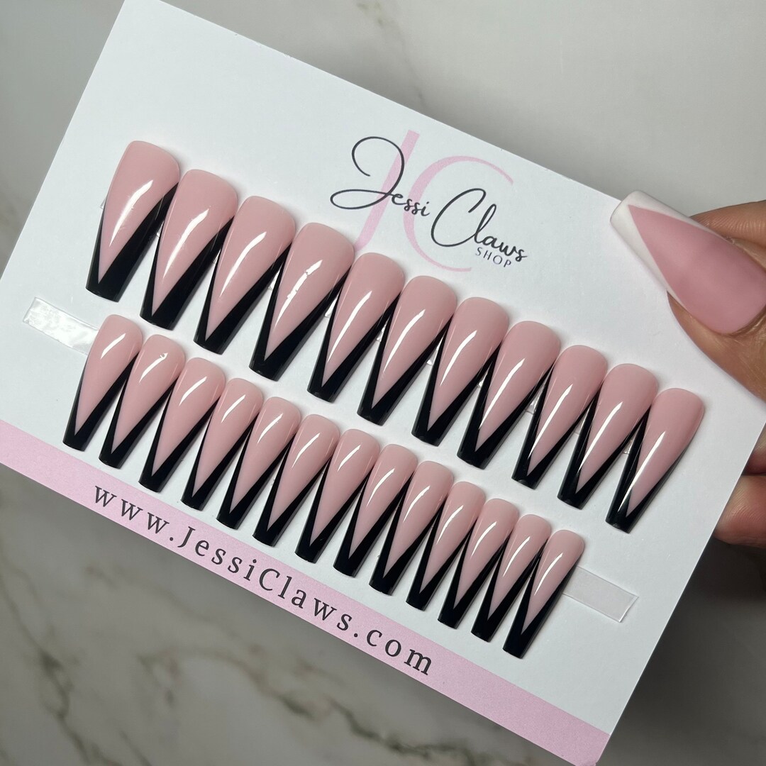 Black French V Tip Nails , 24 Piece Press on Nails ready to Ship ...