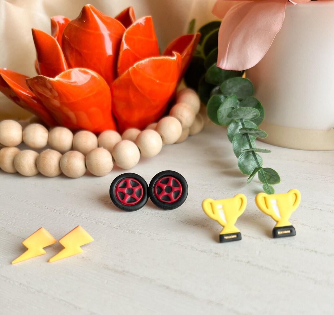 Race Car Polymer Clay Stud Earrings |race Car Jewelry |lightning Bolt ...