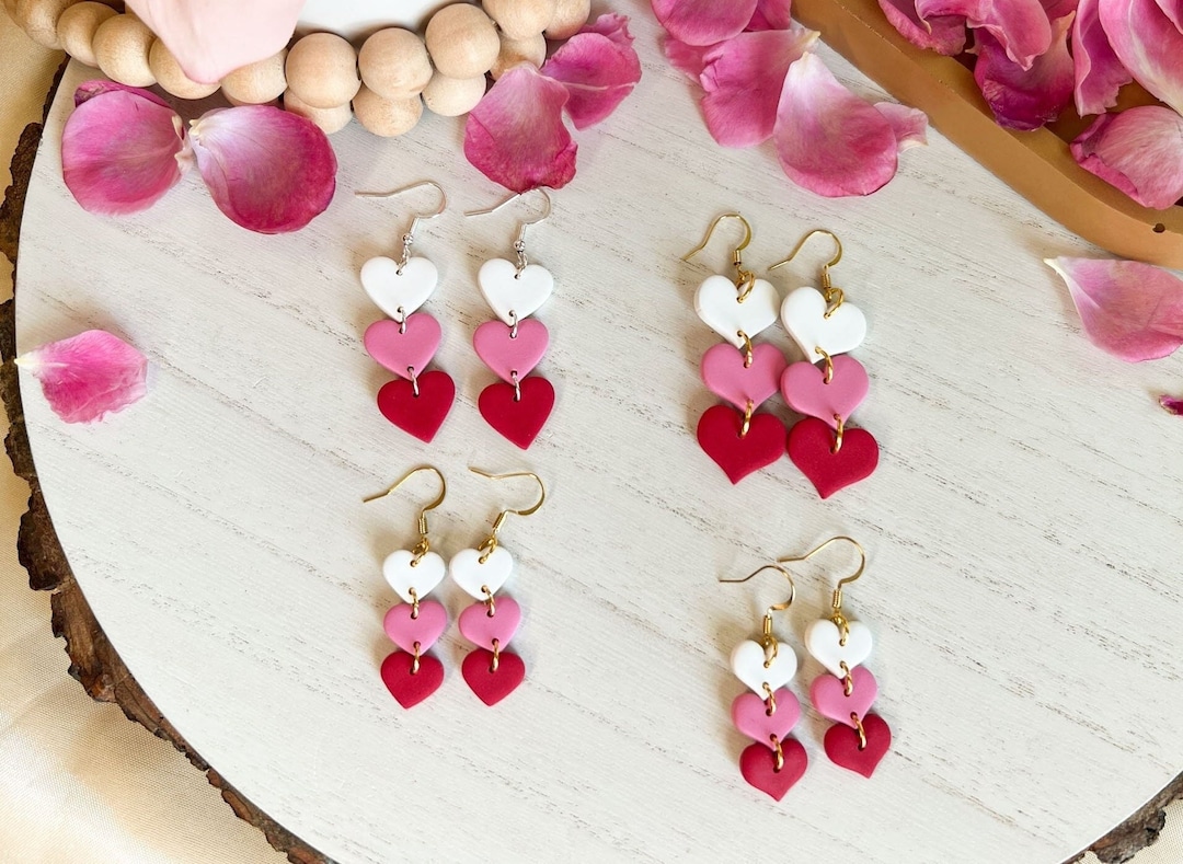 Valentine's Day 3-tiered Heart Dangles polymer Clay Heart Earrings ...