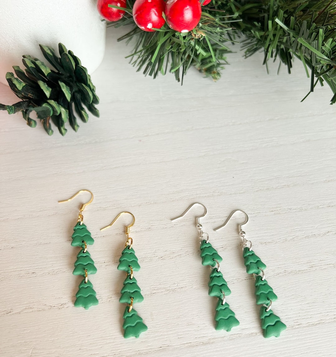 3-tiered Green Christmas Pine Dangles Polymer Clay pine christmas christmas Tree Dangles holiday ...