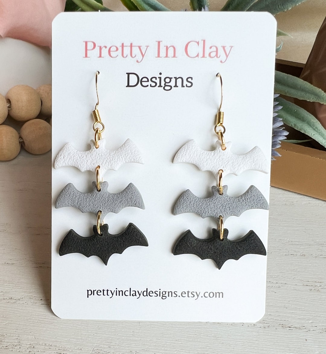 Textured 3-tier Halloween Polymer Clay Bat Dangle |white, Gray, Black ...