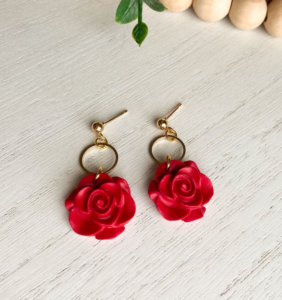 Polymer Clay Red Rose Dangles Round Gold/silver Plated - Etsy