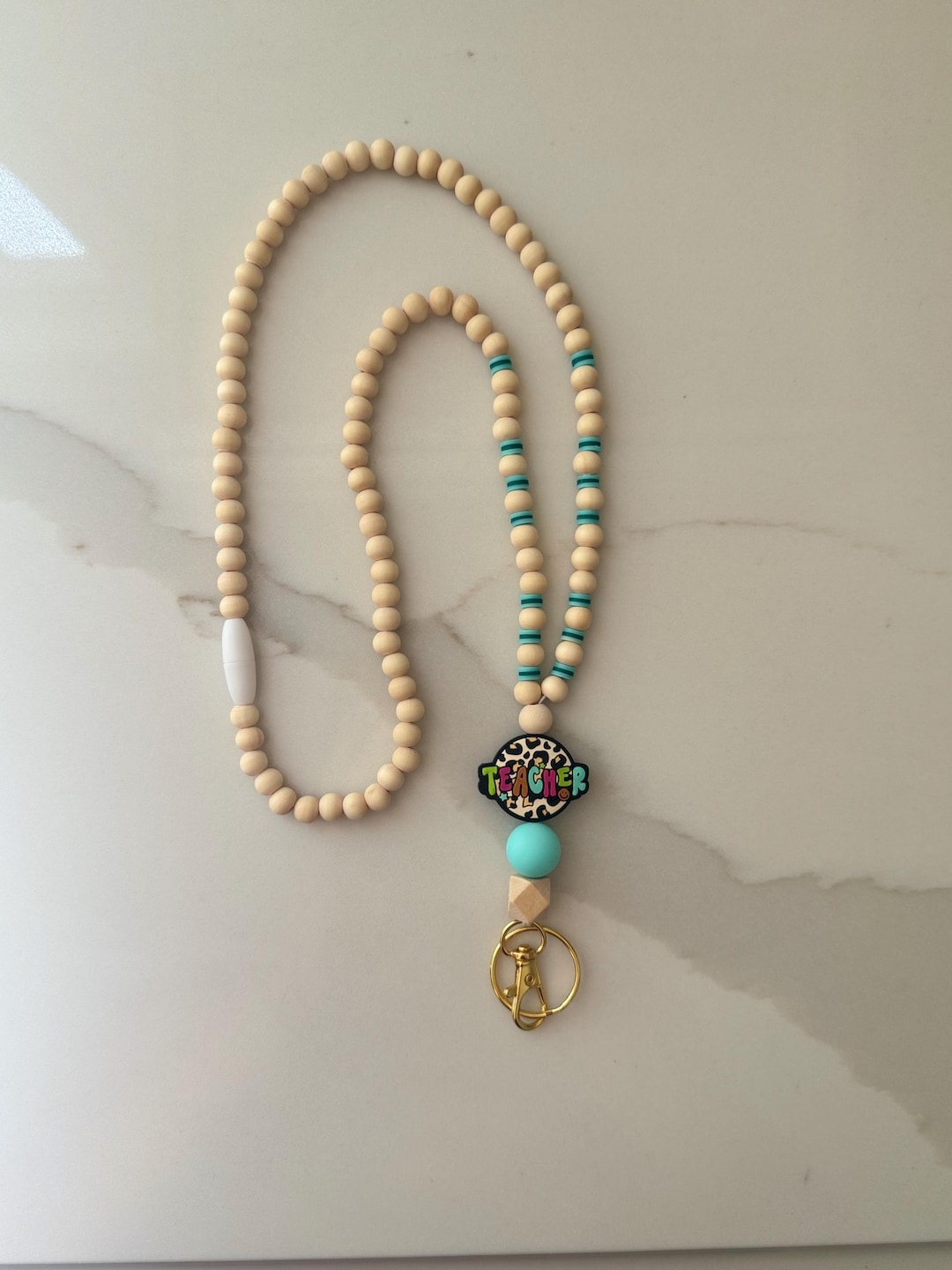 Boho Teacher Lanyard: Wooden Bead ID Badge Holder - Etsy