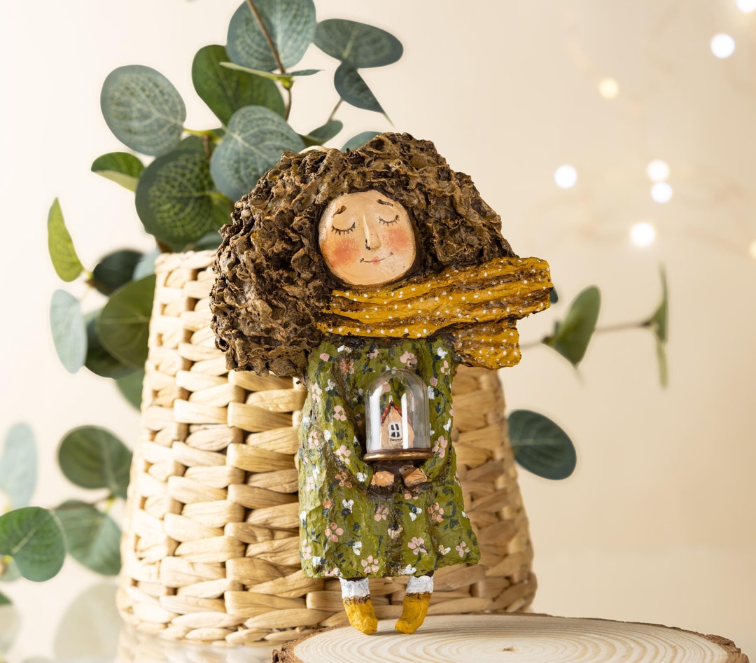 Paper Mache Girl With a Home, Handcrafted Papier Mache Ornament ...