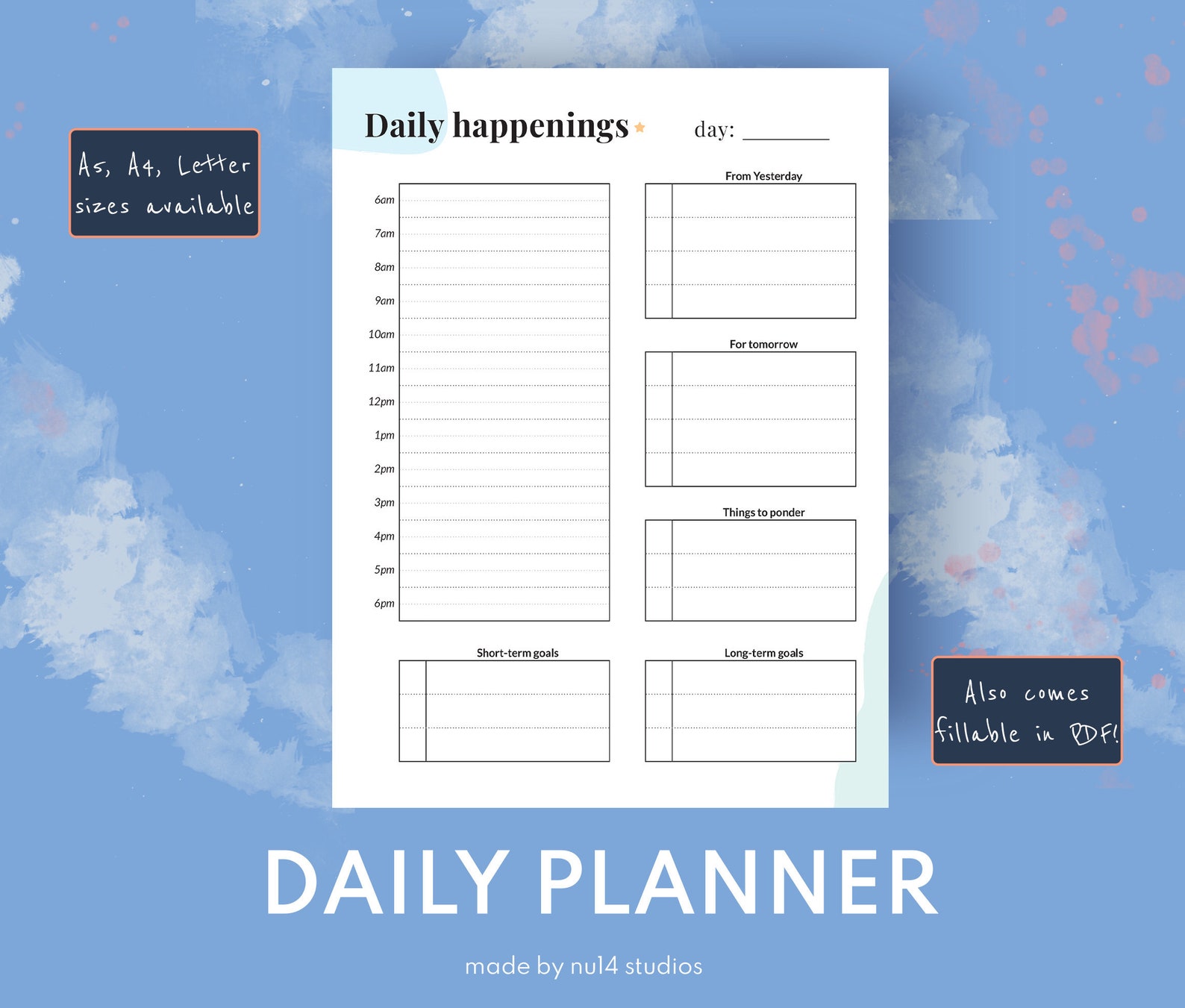 Colorful Daily Planner Printable, Fillable PDF, A4, A5, Letter Sizes ...