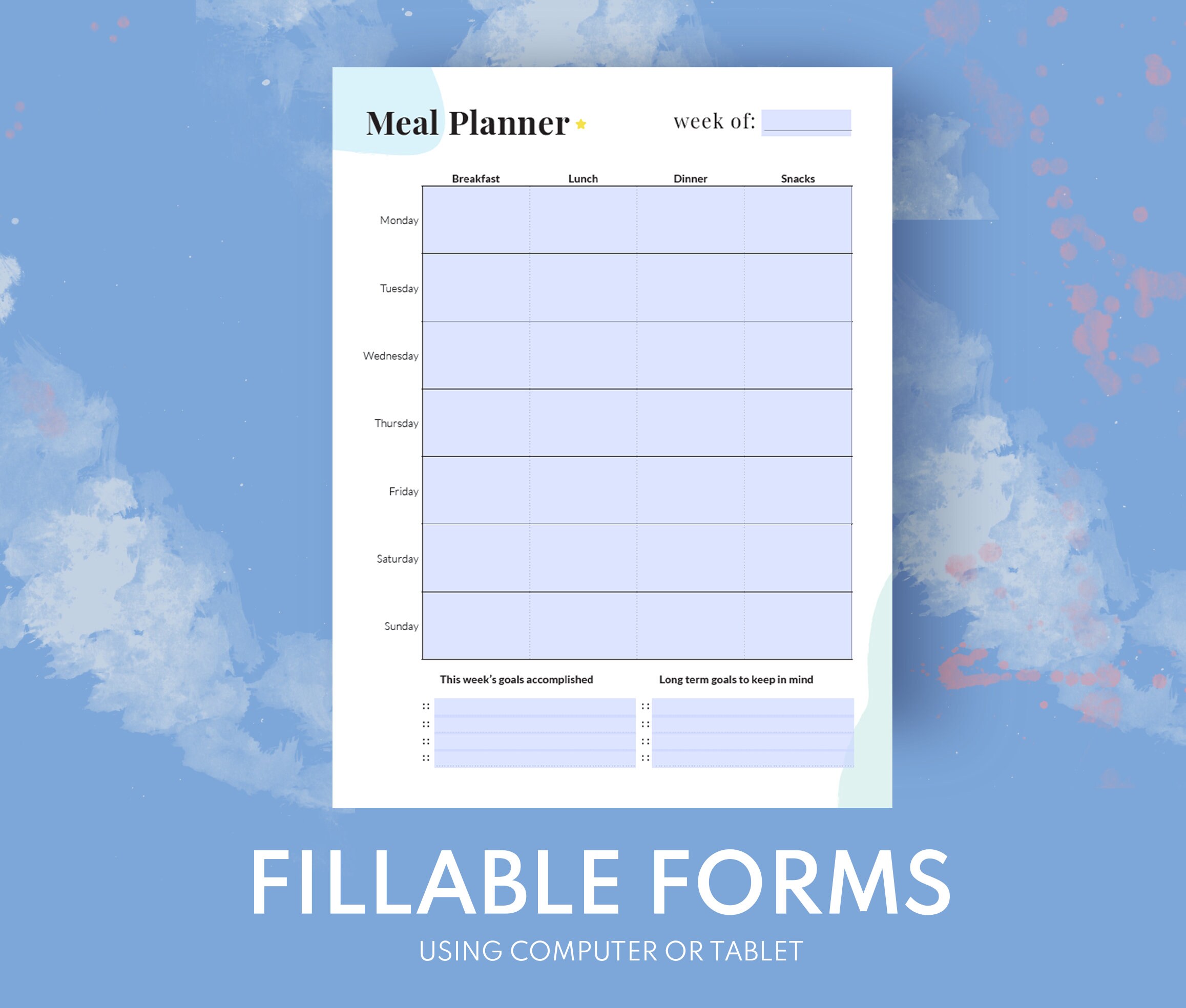 Meal Planner Printable Fillable PDF A5 Letter Colorful - Etsy