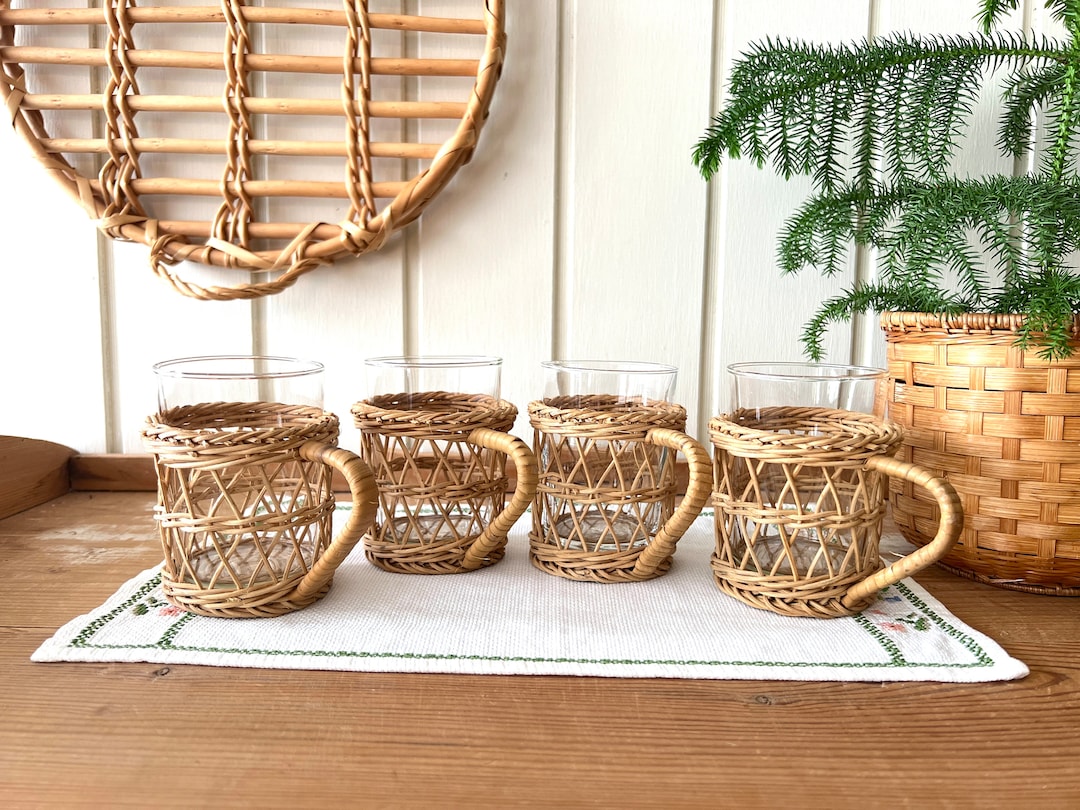 Vintage Set of 4 Rattan Wicker Cup Holders With Glass Inserts ...
