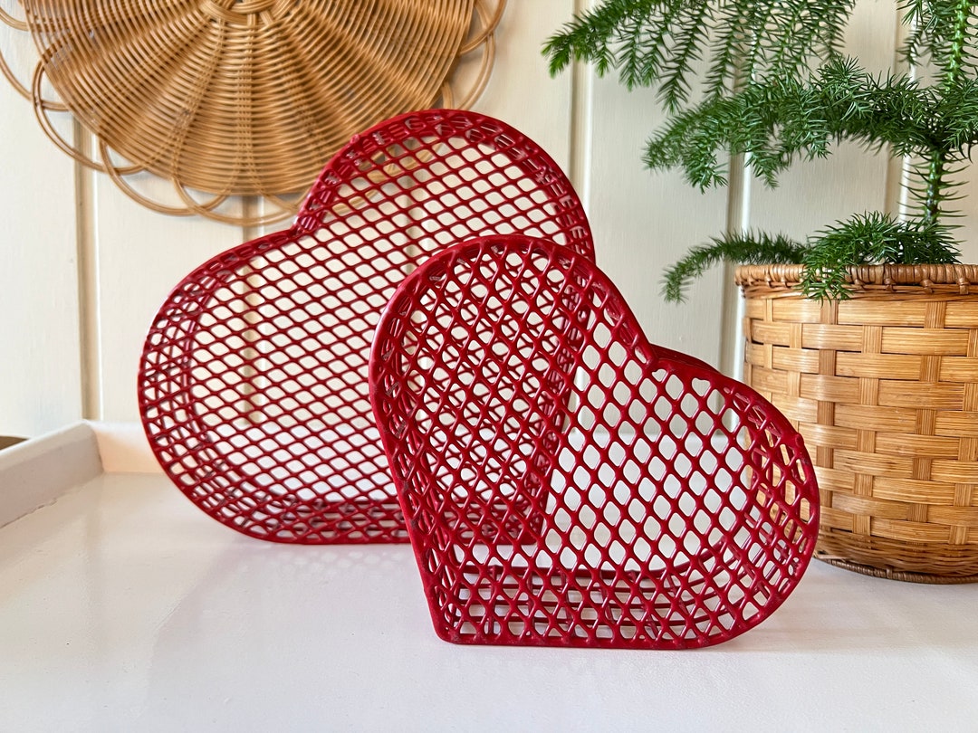 Pair of Thread Baskets 1980s | Red Heart Shaped Storage | Retro ...