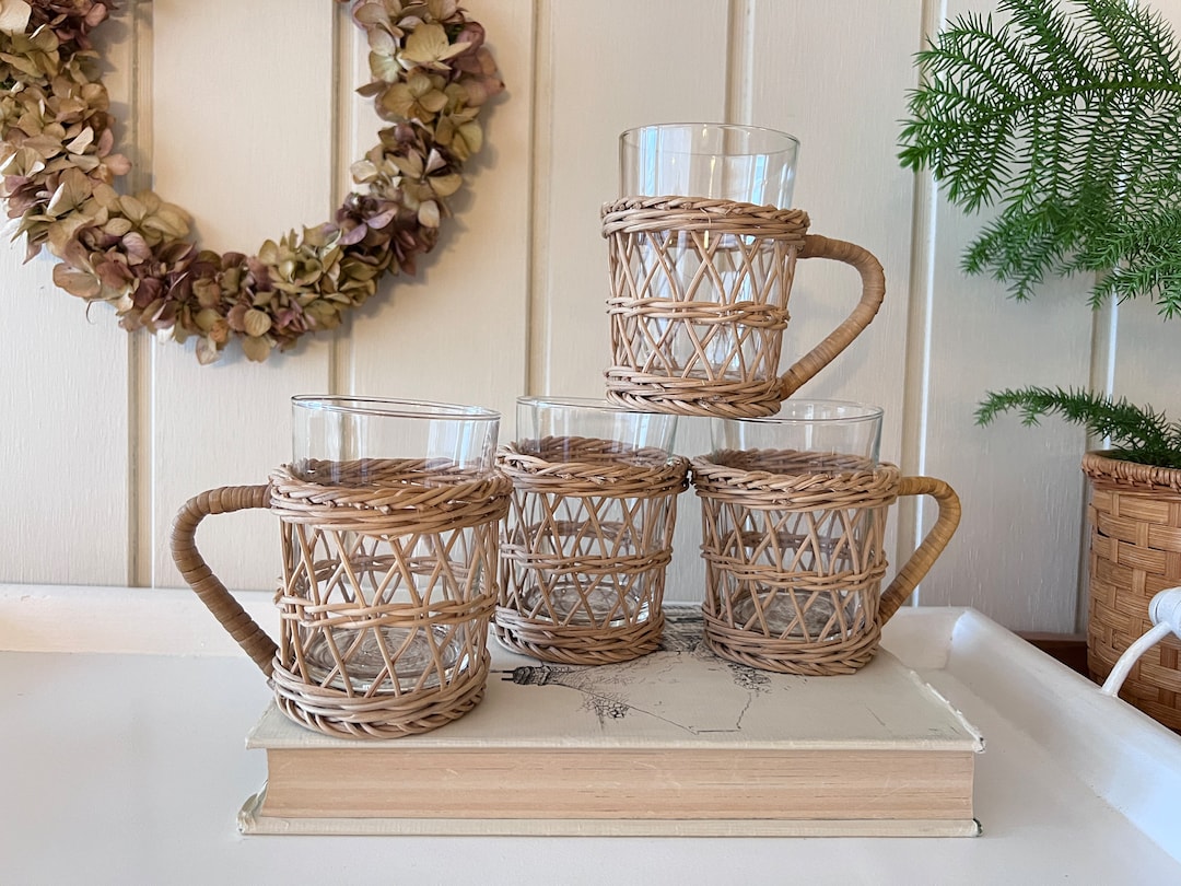 4 Vintage Rattan Wicker Cup Holder With Glasses | Handmade 1970s ...