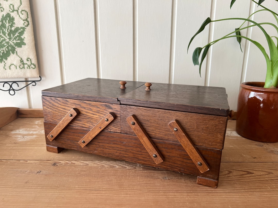 Old Wooden Sewing Box | Fold Out Thread Case in Oak | Craft Room ...