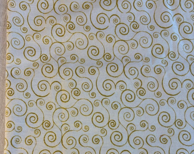 Gold Glittery Scrolls on Cream, Christmas Fabric, 100% Cotton, by the ...