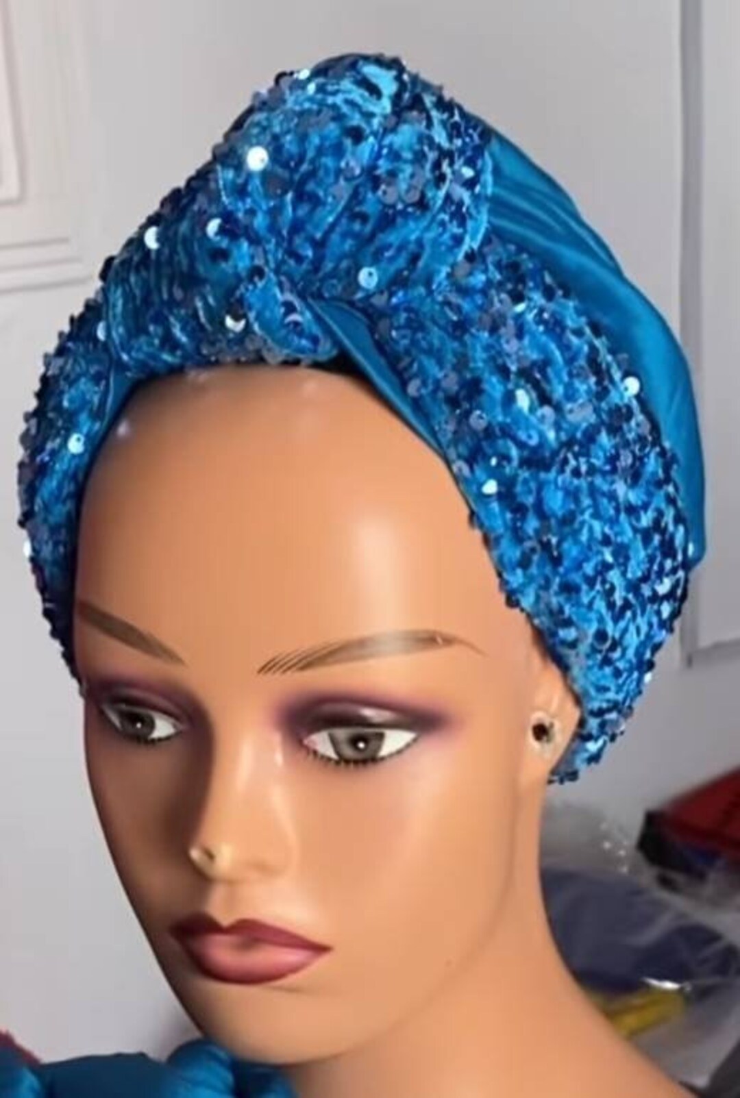 Sequin African Turban, Navy Blue Pretied Auto Gele, Chemo Alopecia ...