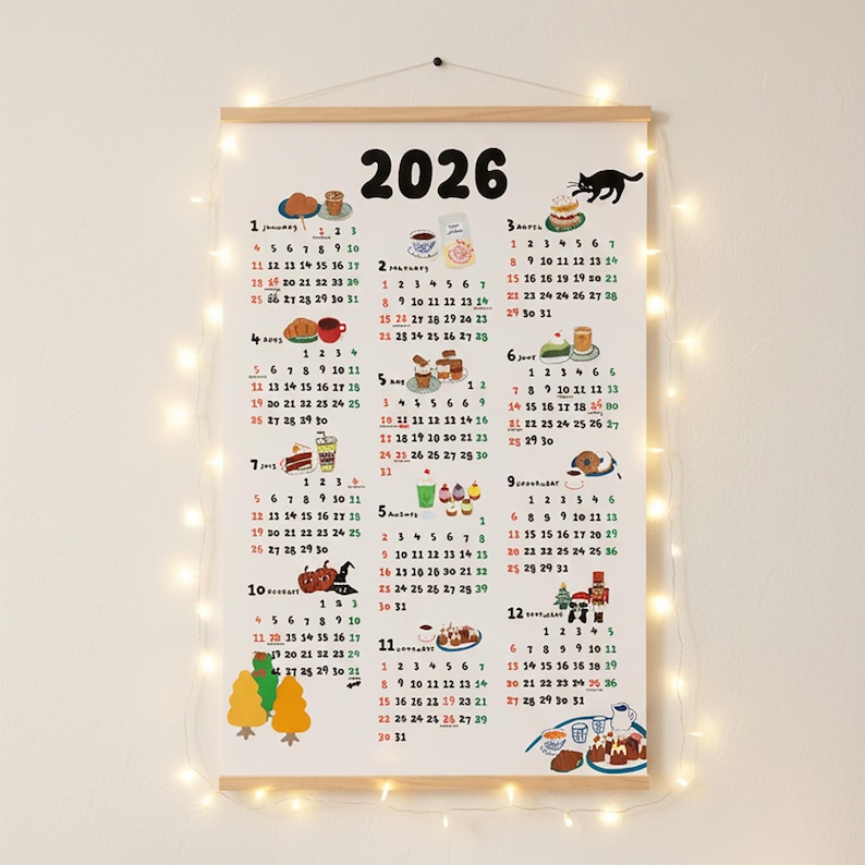 2026 Dessert & Black Cat Yearly Calendar – Cute Food Illustration ...