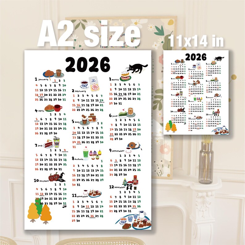 2026 Dessert & Black Cat Yearly Calendar – Cute Food Illustration ...