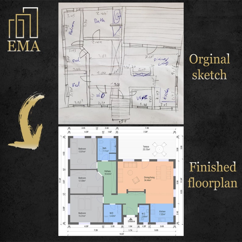 House Plan Drawing. Convert Sketch Pdf Floor Plan Into 2d Cad - Etsy House Plan Drawing. Convert Sketch Pdf Floor Plan Into 2d Cad - Etsy