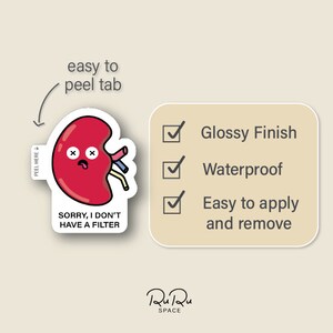 Cute Kidney Sticker/ Sorry I Don't Have a Filter / Medical Sticker ...