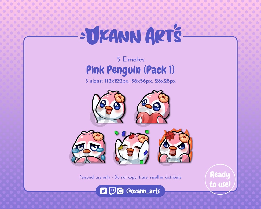 5x Pink PENGUIN Emotes (pack #1) for Twitch and Discord | Kawaii Lady ...