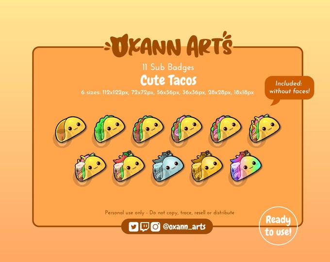 TACOS Badges Pack 11x Kawaii Sub Badges for Twitch and Discord Cute ...