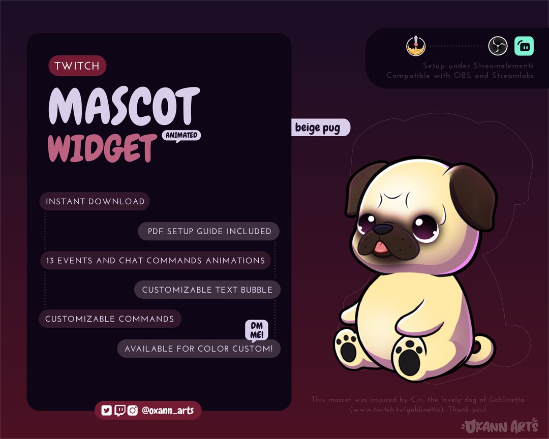 Animated Beige Pug Dog Stream Mascot: Chibi Twitch Pet, Customizable ...