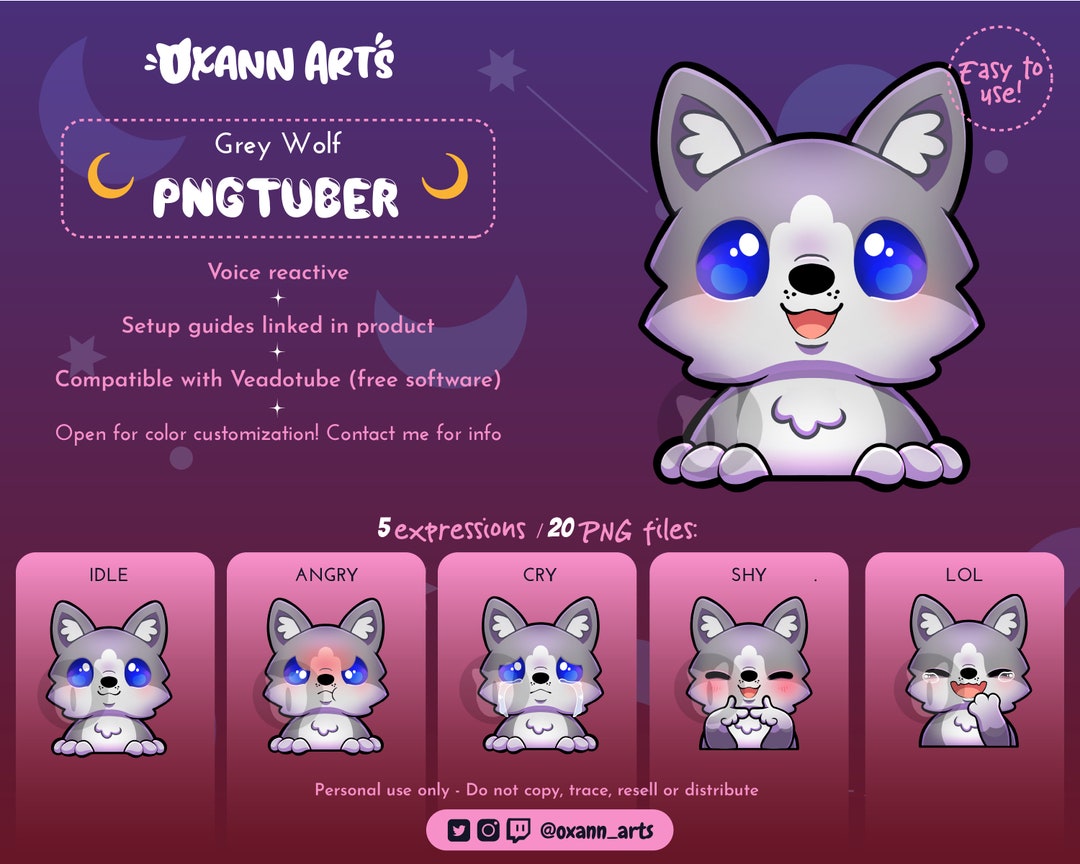 GREY WOLF Pngtuber Model | Cute Stream Mascot 5 Expressions for OBS or ...
