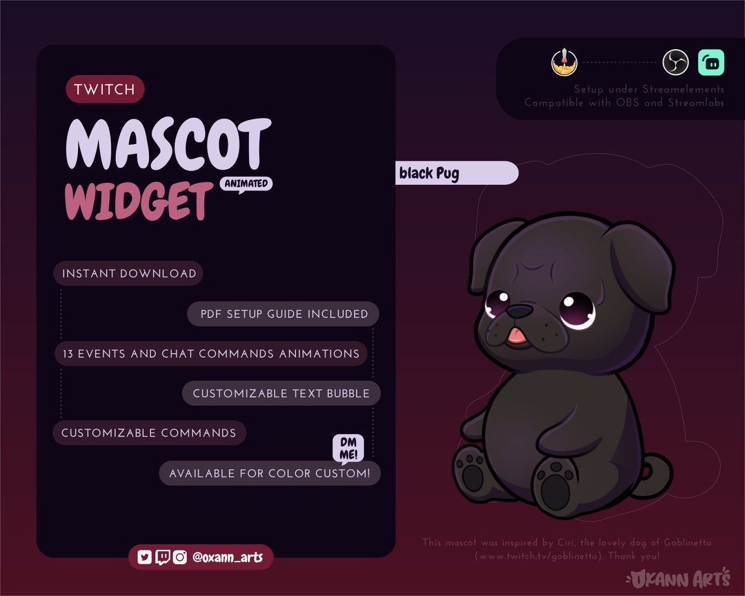 Animated Black Pug Dog Stream Mascot: Chibi Twitch Pet, Customizable ...