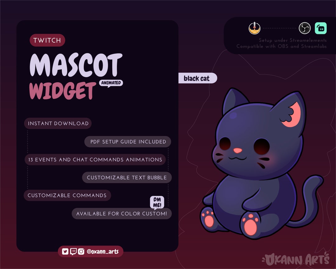 Animated Black Cat Stream Mascot: Chibi Twitch Pet, Customizable ...