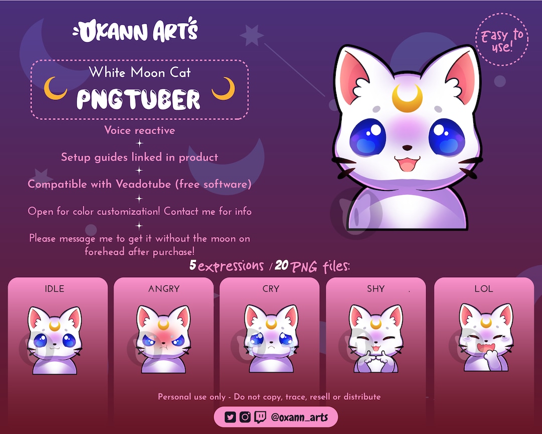 WHITE MOON Cat Pngtuber Model | Cute Stream Mascot 5 Expressions for ...