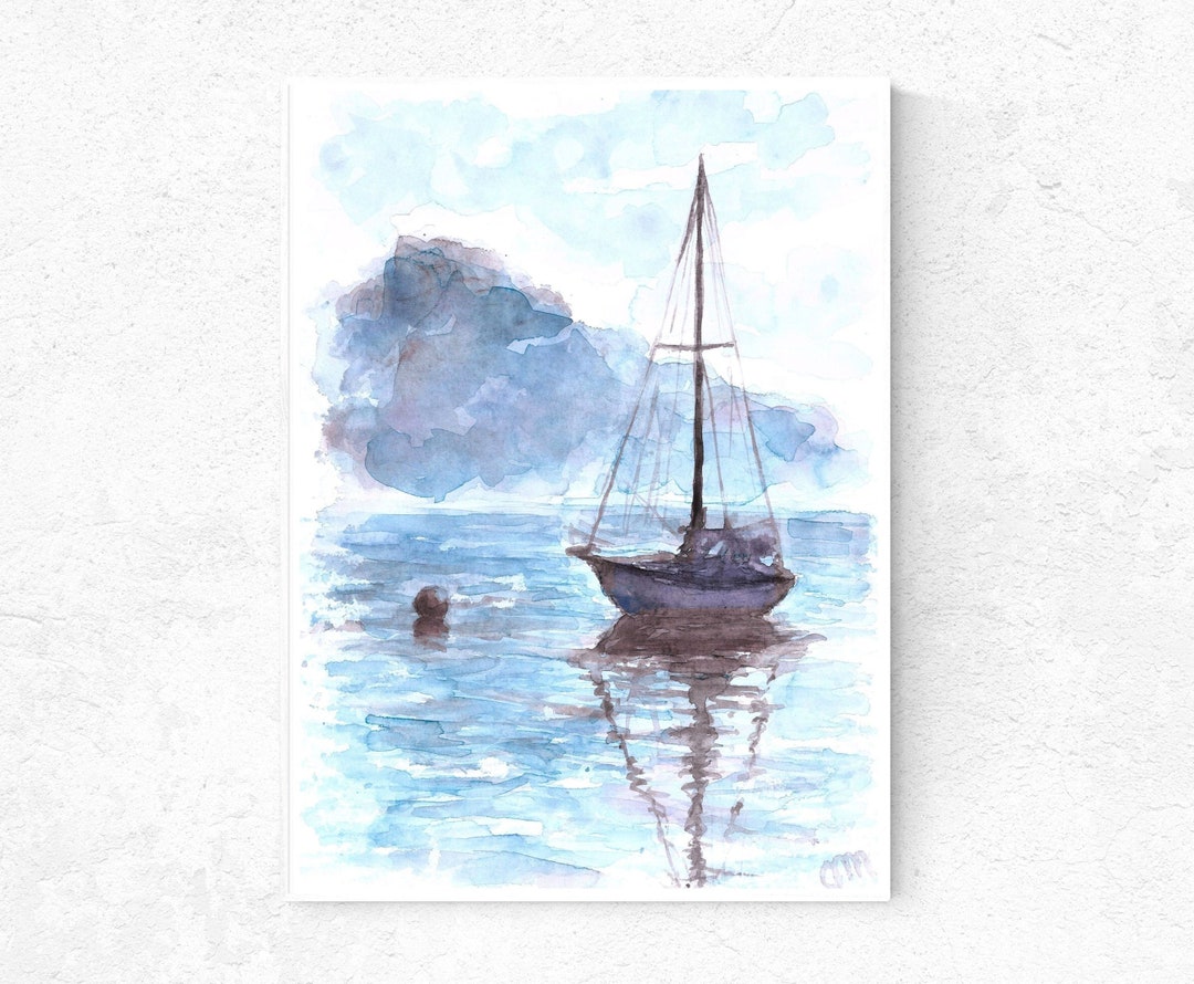 Indigo Sailboat Watercolor Print Boat Norway Seascape Painting ...