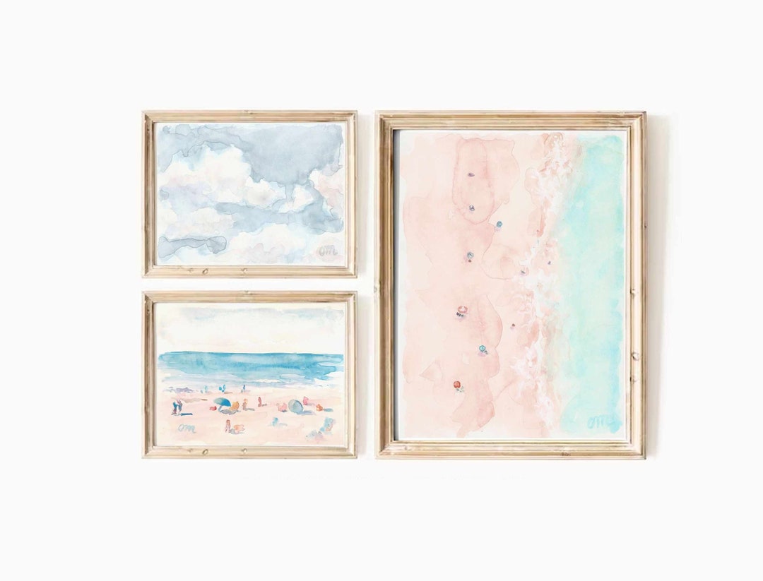 Coastal Beach Watercolor Print Set: Pastel Aerial Scene (digital ...